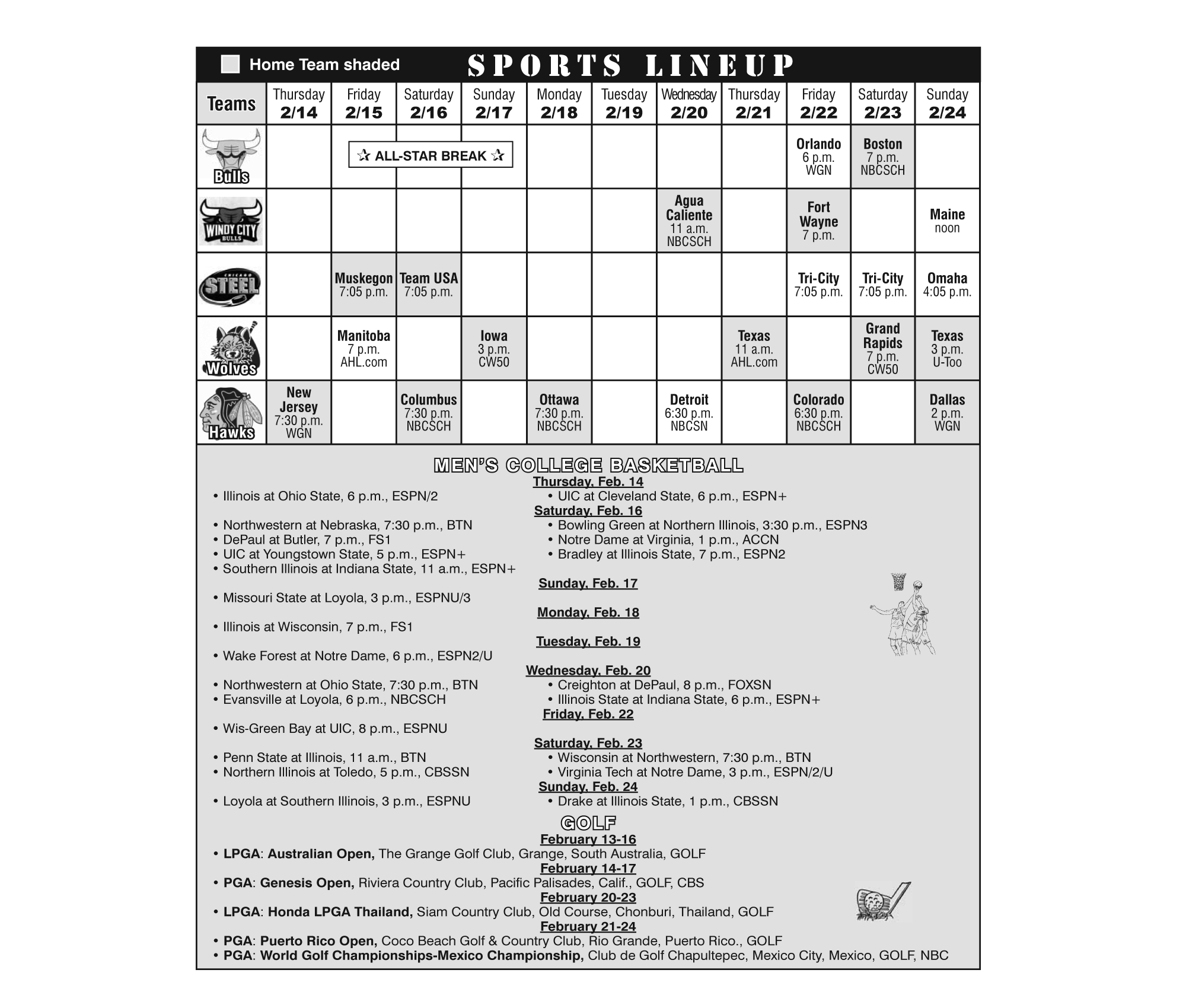 Sports Lineup February 14, 2019 through February 24, 2019 – The Voice