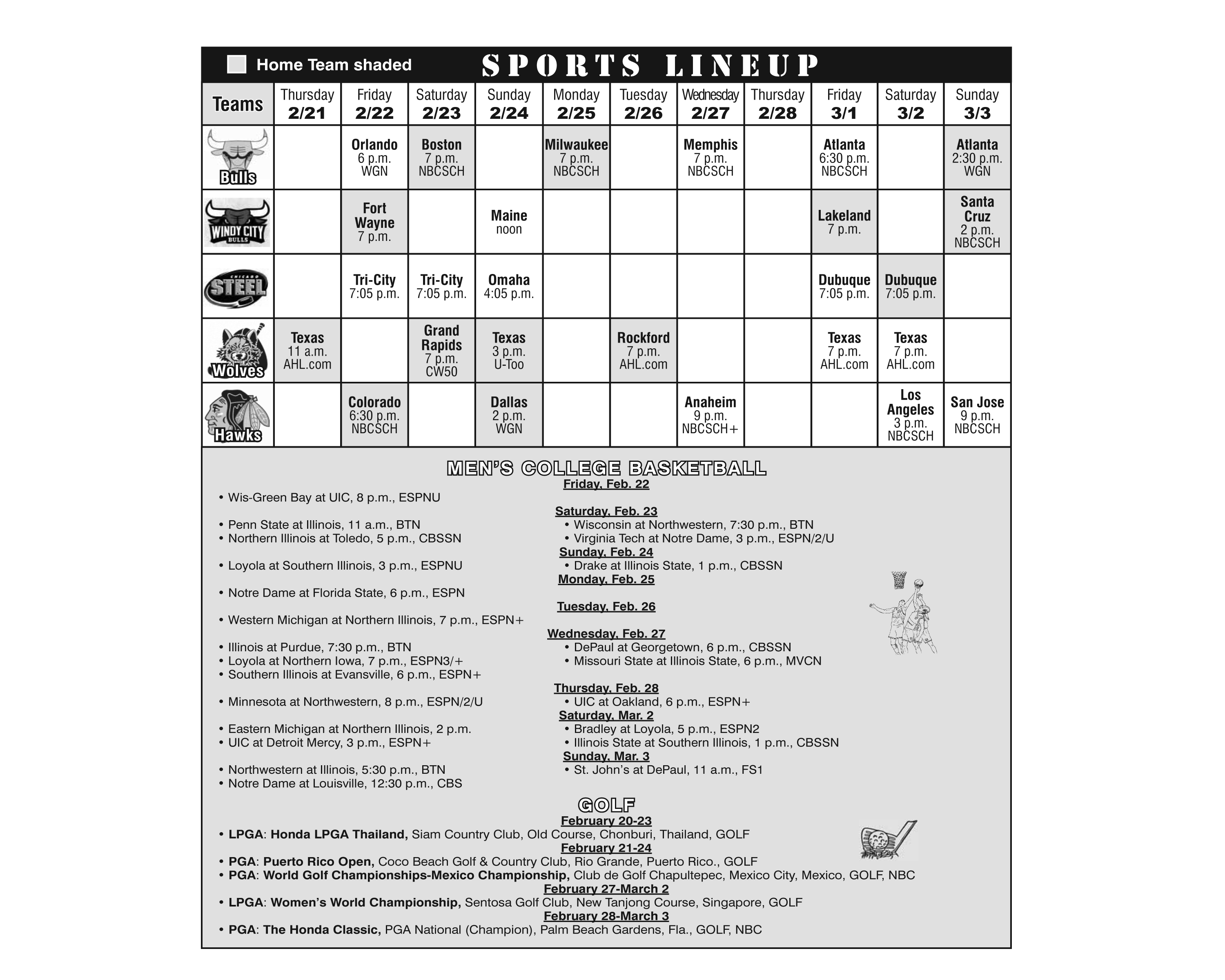 Sports Lineup February 21, 2019 through March 3, 2019 – The Voice
