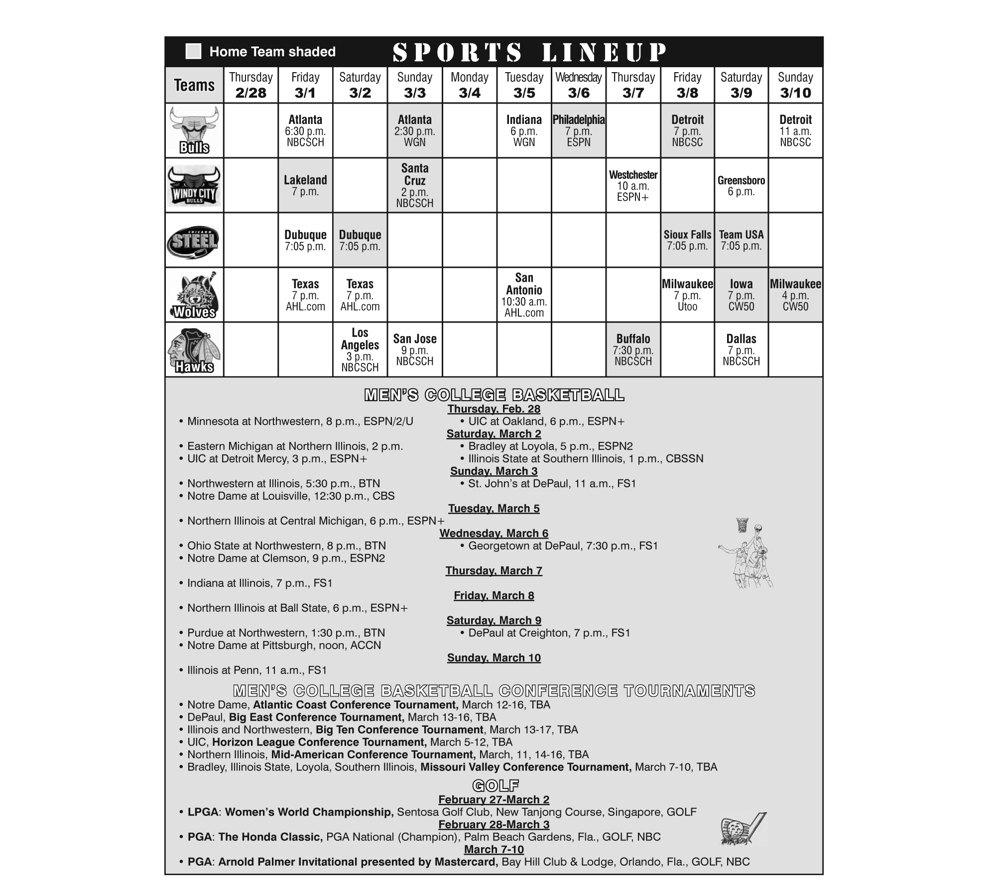 Sports Lineup February 28, 2019 through March 10, 2019 – The Voice