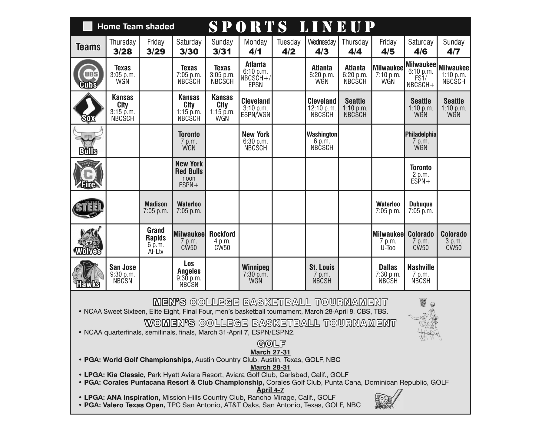 Sports Lineup March 28, 2019 through April 7, 2019 – The Voice